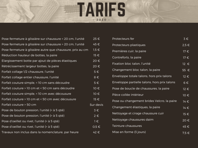Tarifs prestations de cordonnerie | La Cordonnerie Châlonnaise