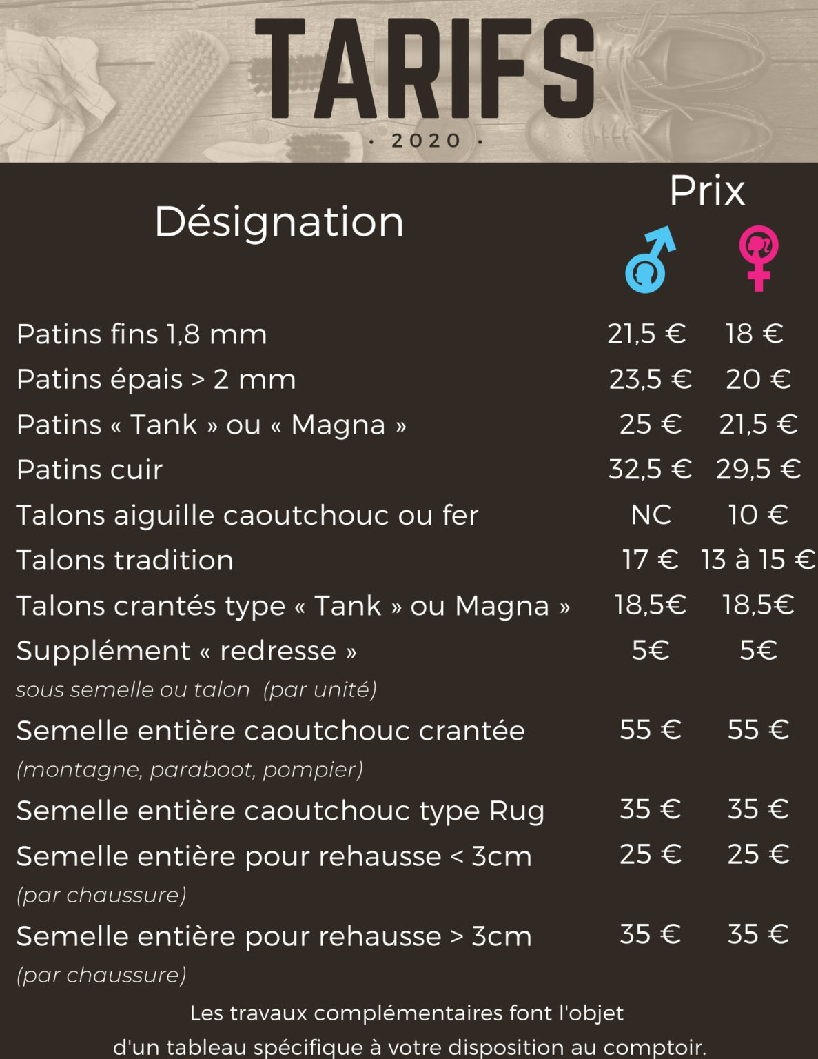 Tarifs prestations de cordonnerie | La Cordonnerie Châlonnaise